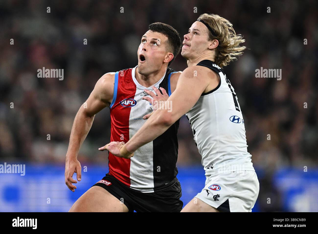 Melbourne, Australia. 09th May, 2025. Rowan Marshall of St Kilda and Tom de Koning of Carlton ...