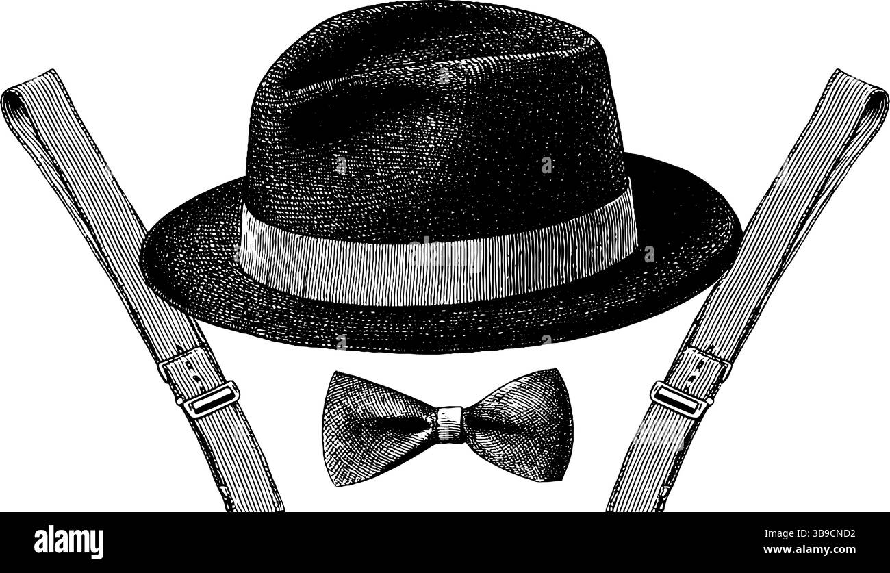 Vintage fashion accessories collection featuring hat, suspender, and ...