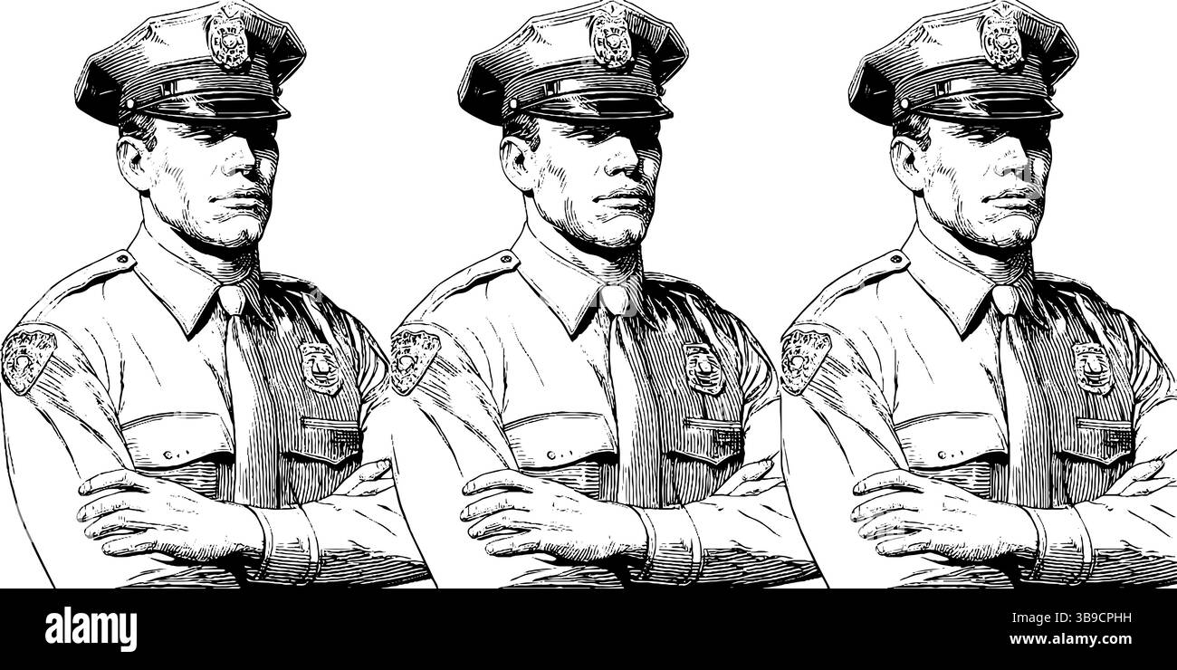 Engraved illustrations of corrections officers in uniform for security ...