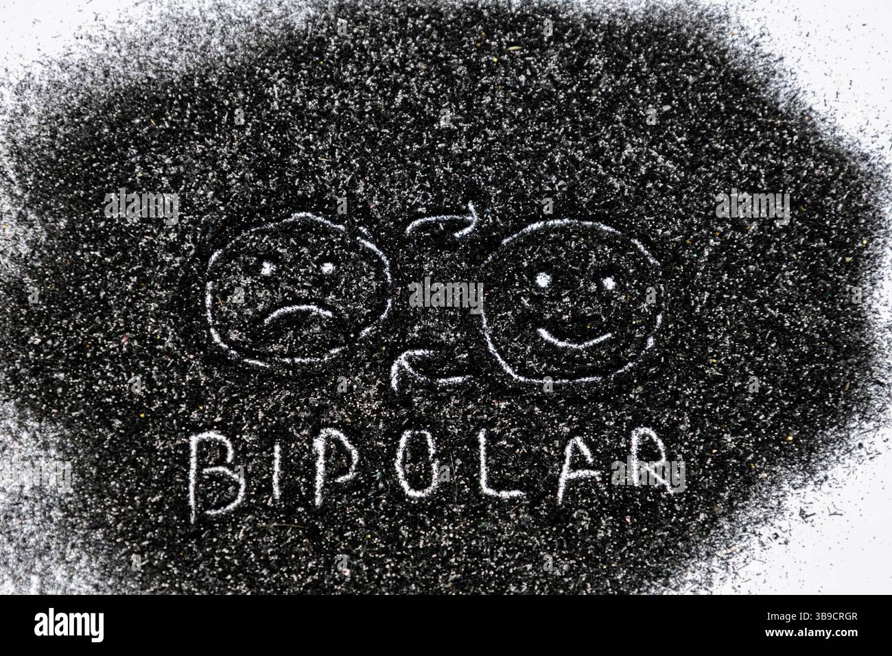 On the black glitters drawing word Bipolar and the two faces on white ...