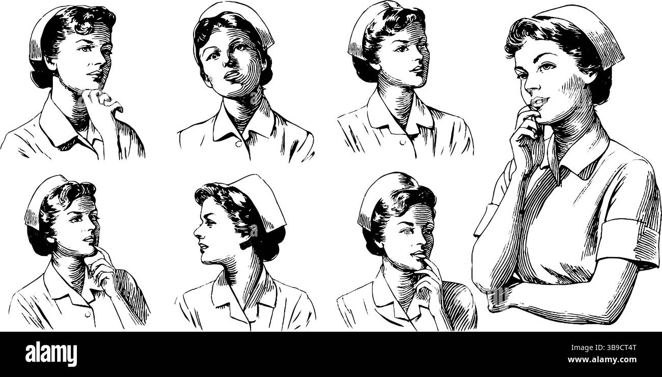 Engraved nursing illustration set featuring retro female nurse in ...