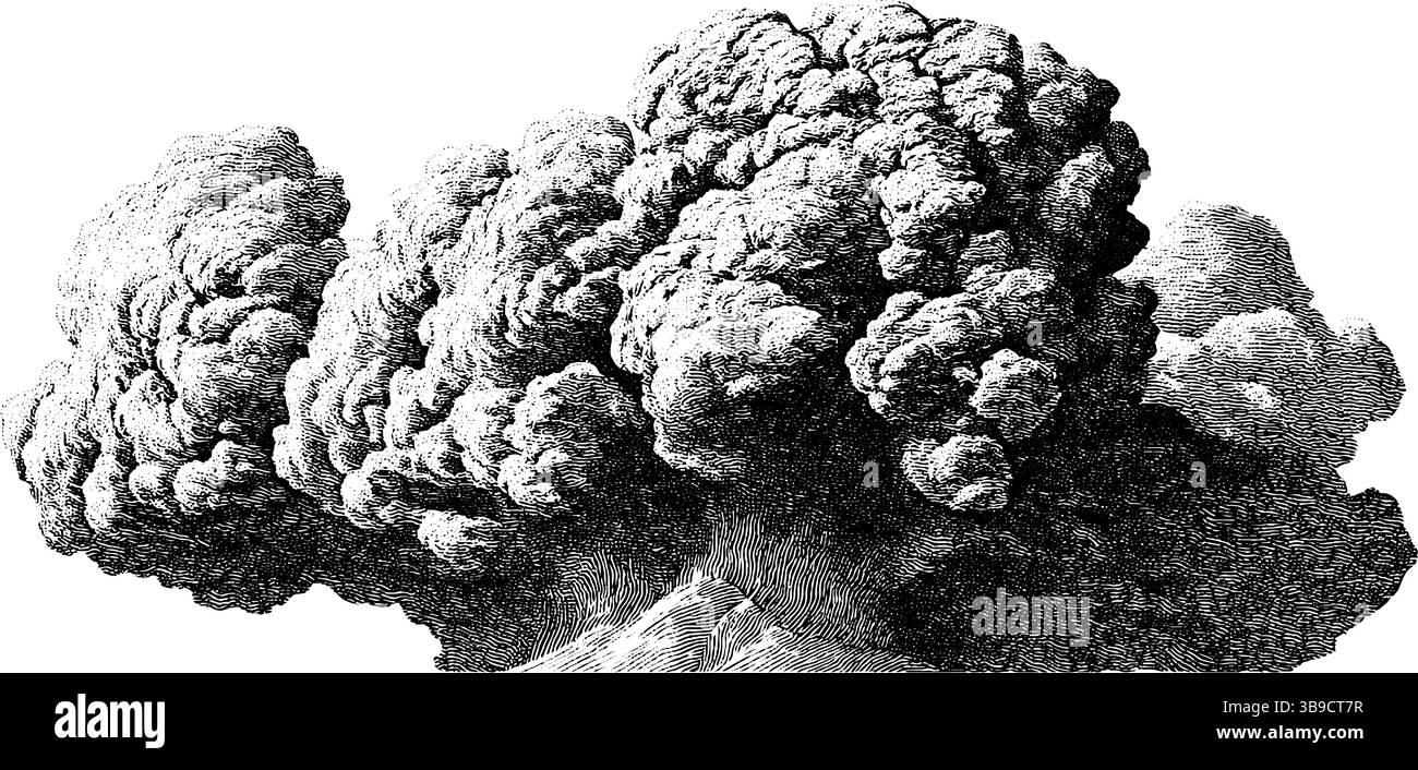 Engraved illustration of volcanic ash cloud depicting intense natural ...