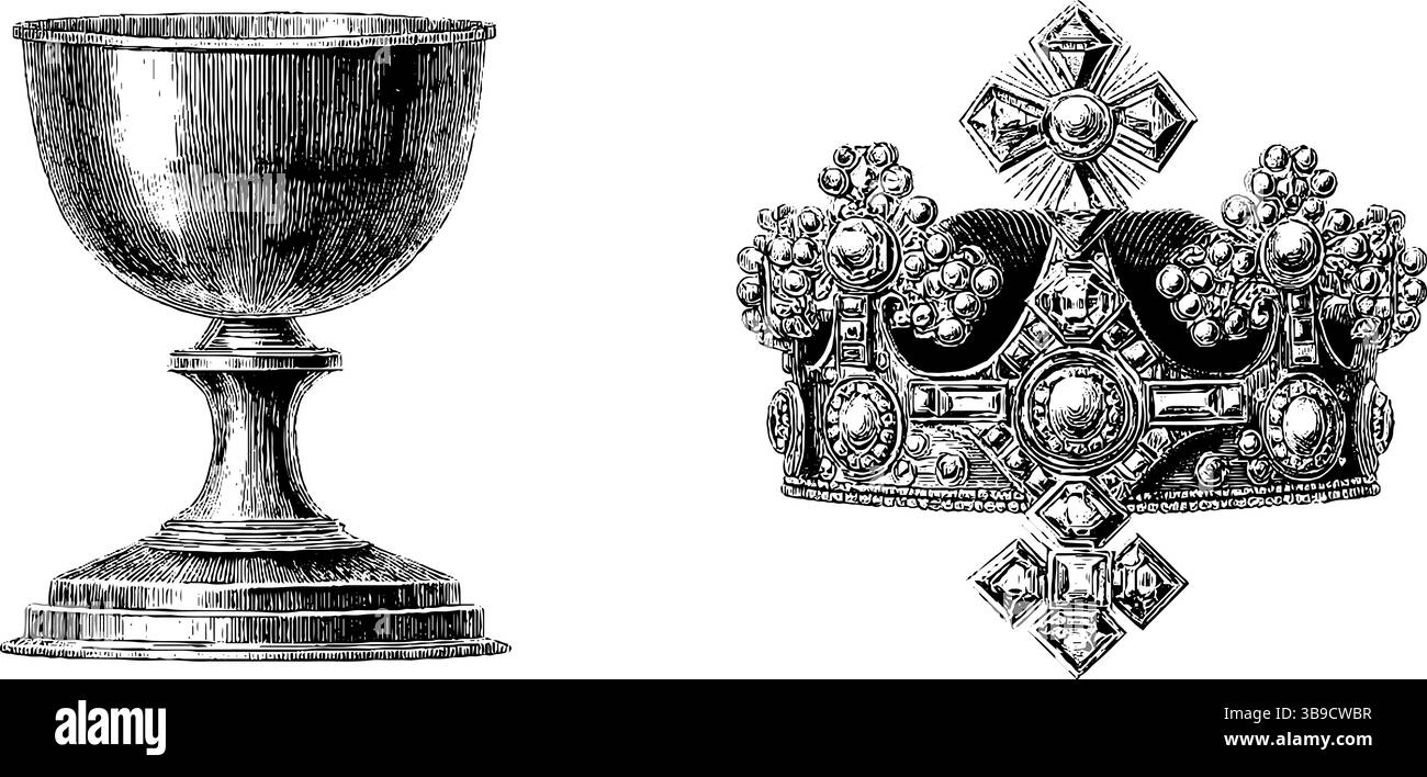 Vintage engraved illustrations of silver goblet and jeweled crown for ...