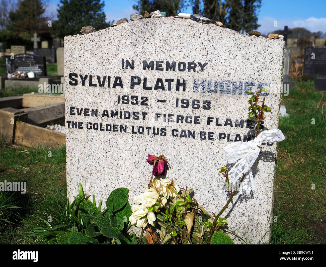 Sylvia Plaths Grave in the graveyard at St Thomas The Apostle Church in Heptonstall near Hebden ...