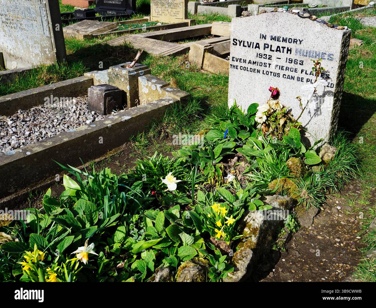 Sylvia Plaths Grave in the graveyard at St Thomas The Apostle Church in Heptonstall near Hebden ...
