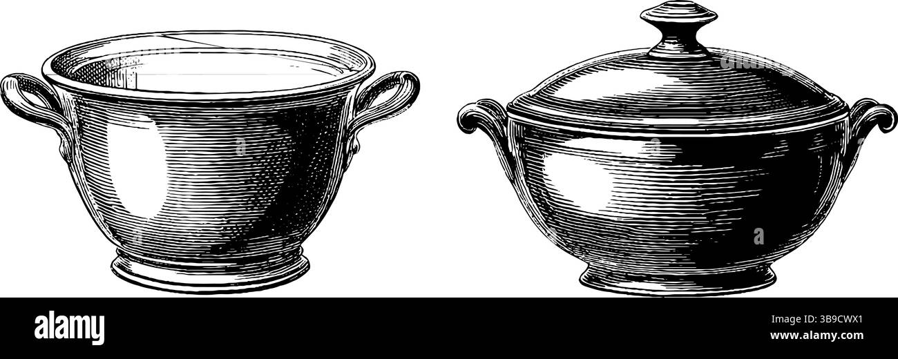 Vintage engraved soup tureen illustrations for culinary and antique ...