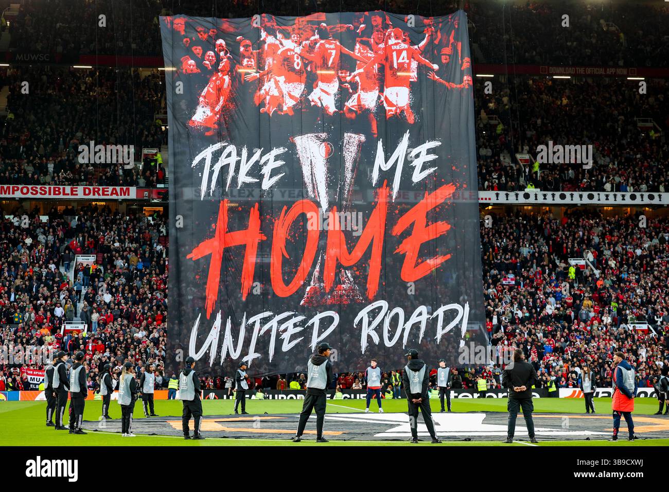 Manchester, UK. 08th May, 2025. United Tifo banner Take Me Home United ...