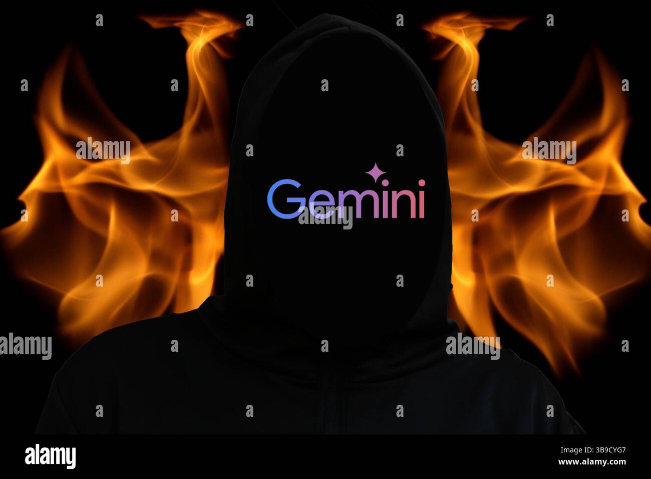 Hacker exploiting Gemini AI for a scam, operating incognito. Digital flame symbolizing an AI ...