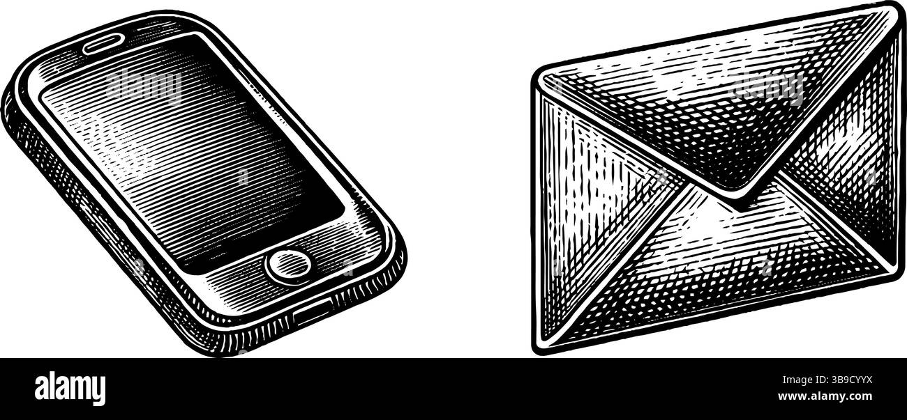 Vintage engraved illustrations of mobile phone and envelope for ...