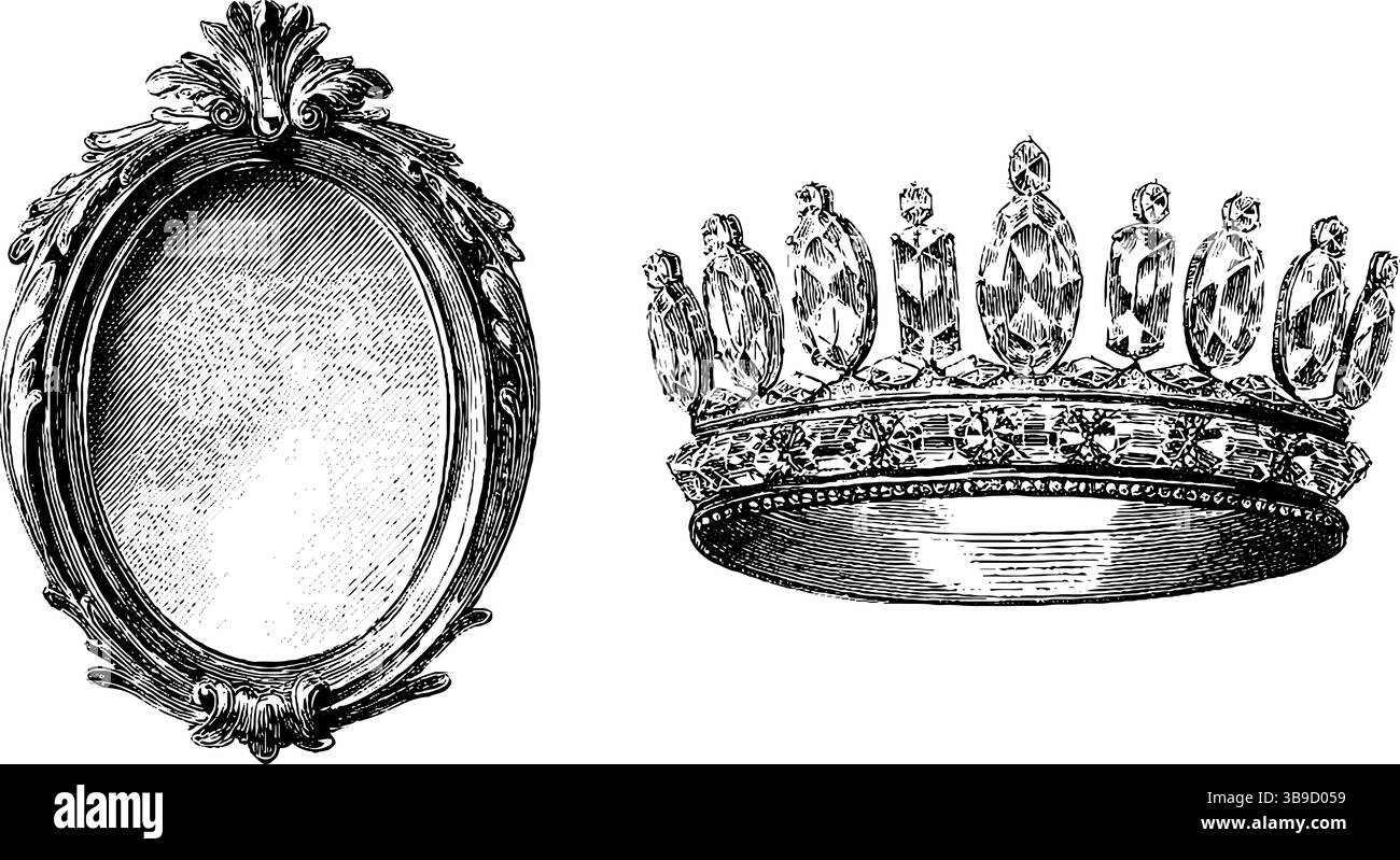 Elegant diamond tiara and ornate frame engraved illustration set for ...