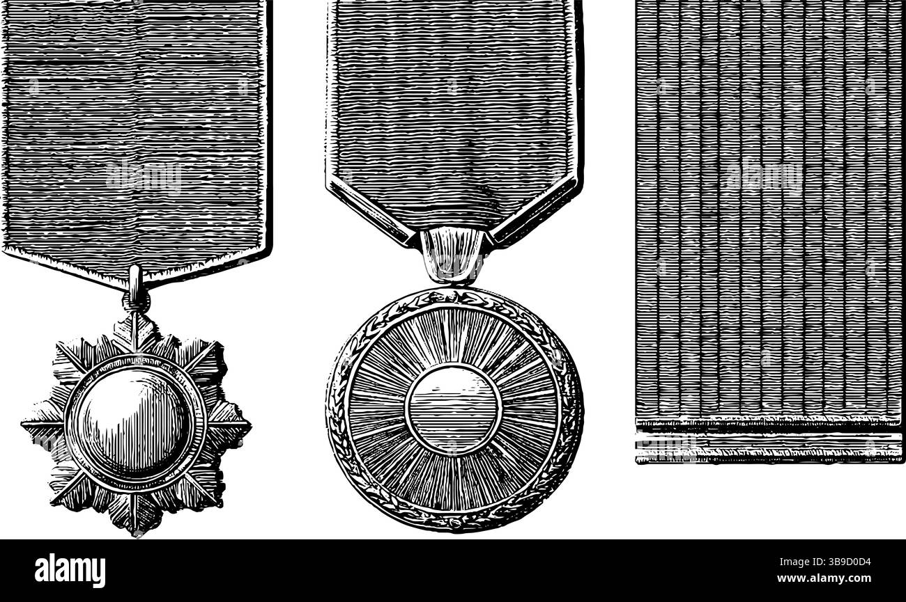Engraved illustration set of military medals for historical and ...
