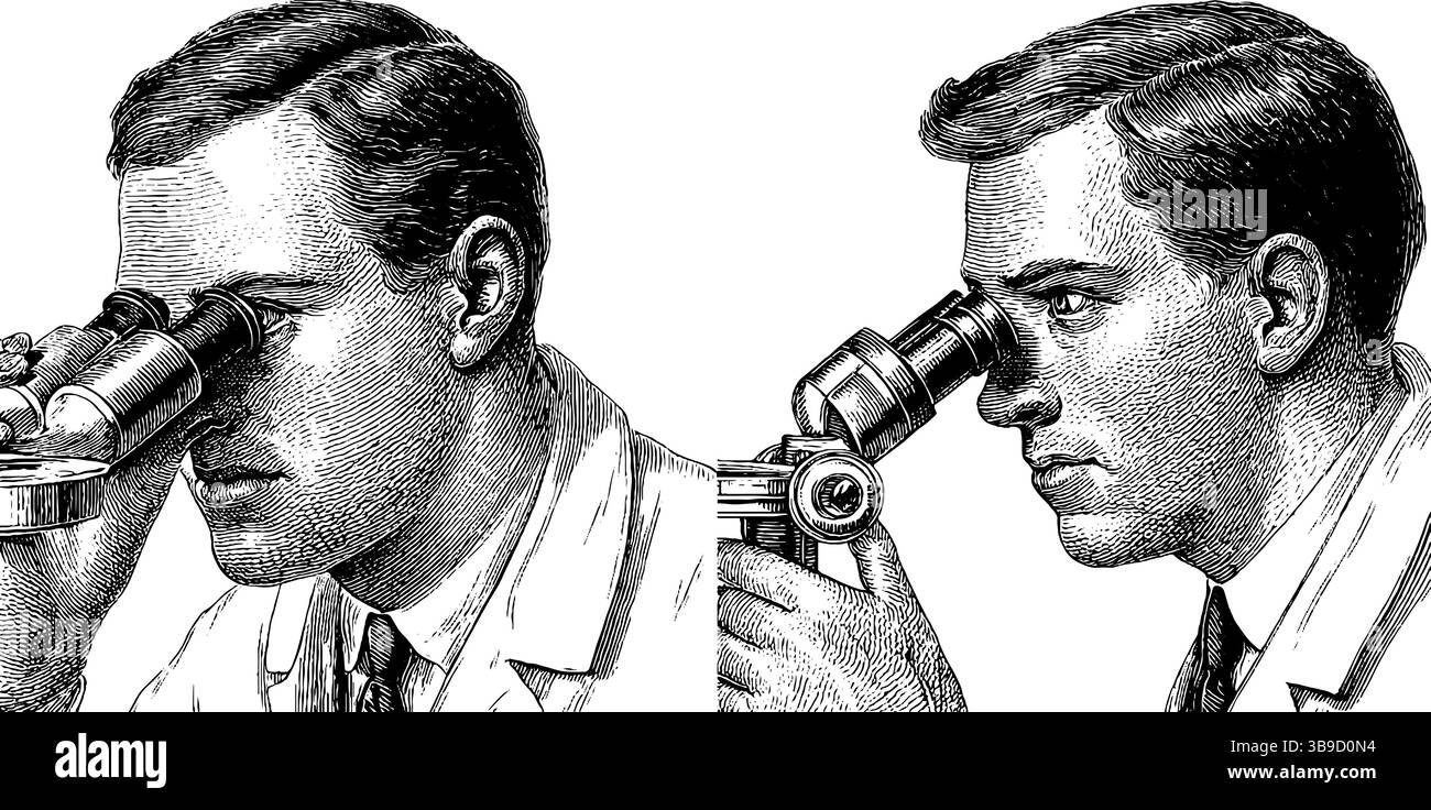 Engraved illustration set of scientists observing through microscopes ...