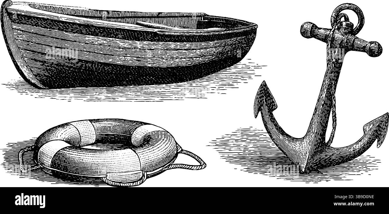 Nautical engraving set of boat, anchor, and lifebuoy for maritime ...