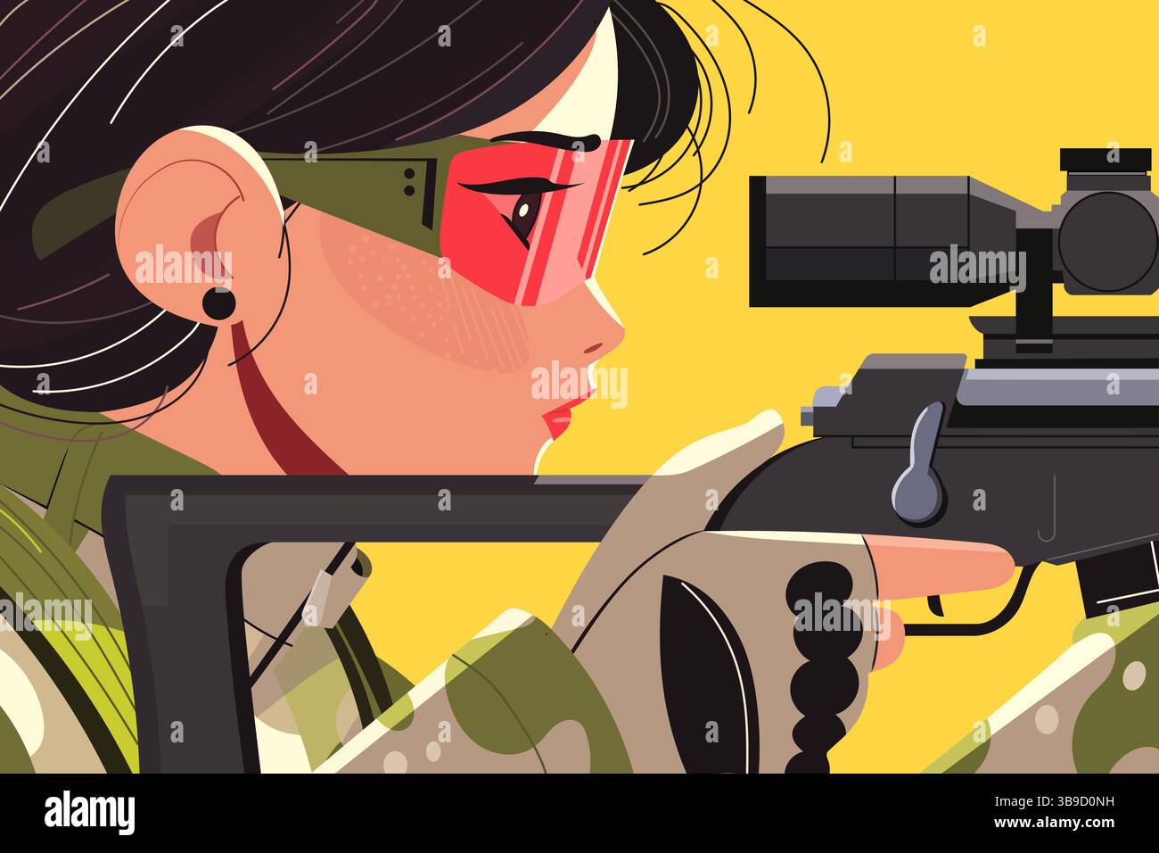 Woman aiming rifle with scope. Focused female shooter, markswoman ...