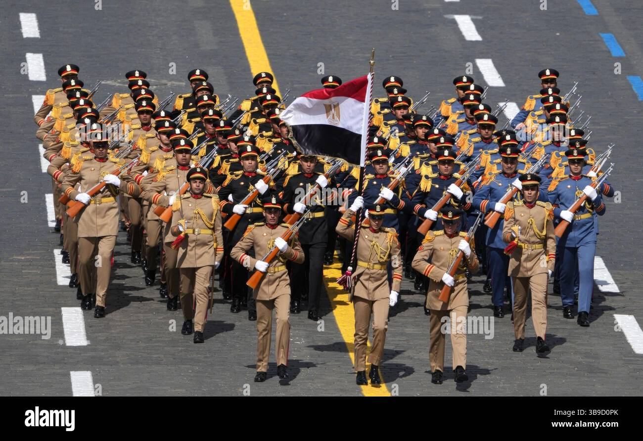 Moscow, Russia. 09th May, 2025. Egyptian soldiers march past the review ...