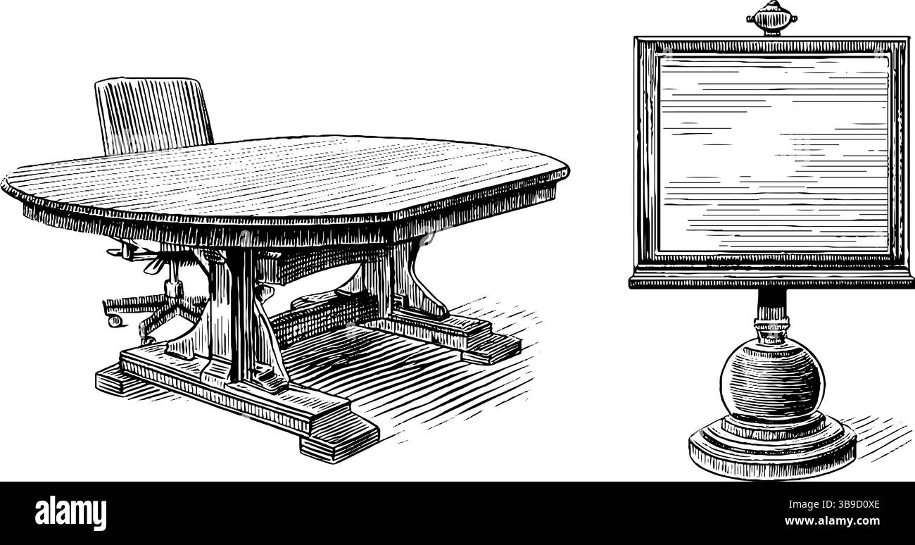 Vintage engraving of conference table and notice board design for ...