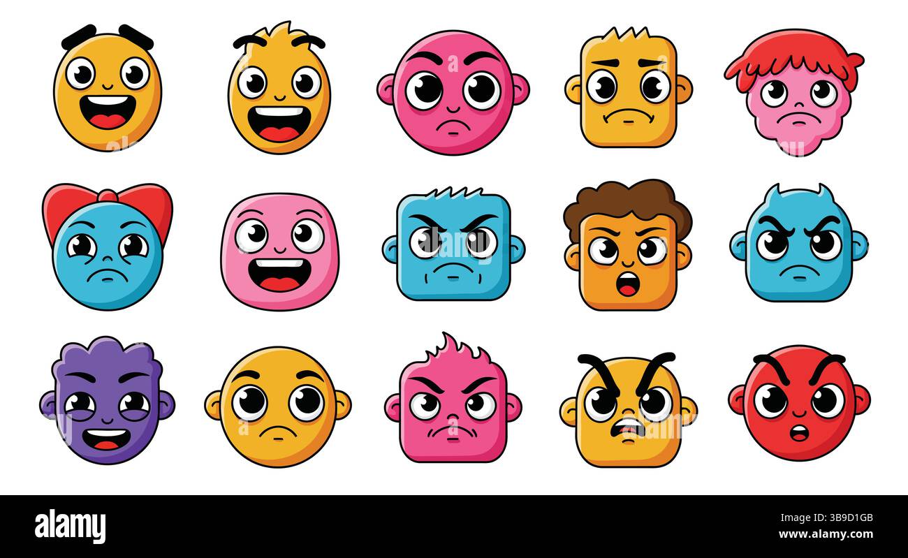 Colorful Emoji Faces Set – Expressive Emotions in Fun Vector Style ...