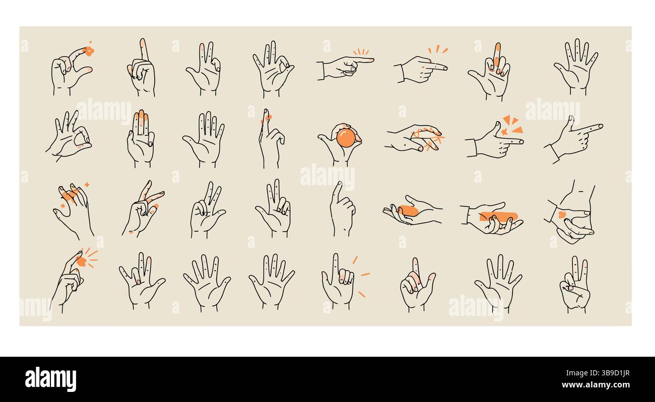 Minimalist Hand Gesture Icons Set – Simple Line Art Symbols Depicting Various Hand Gestures ...