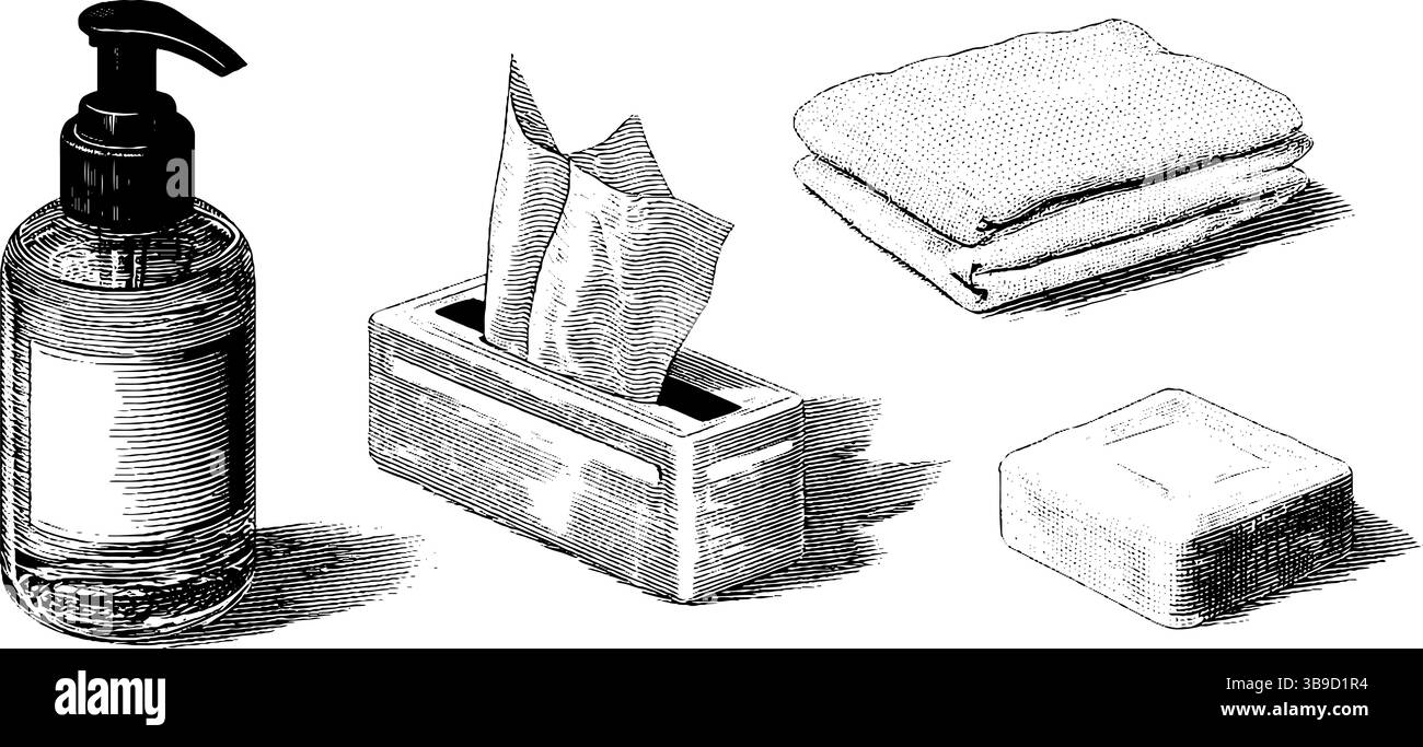 Vintage hygiene essentials engraving: hand sanitizer, tissue box ...