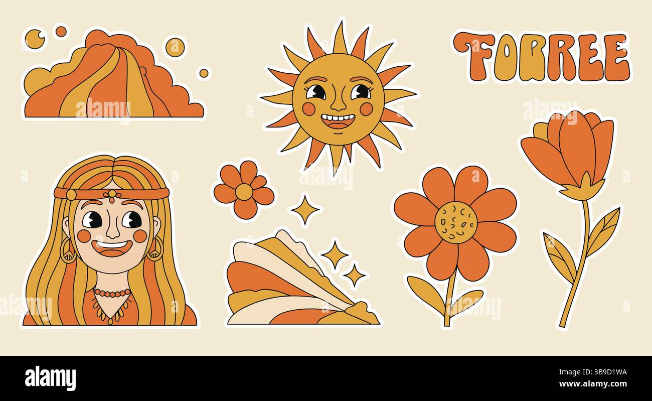 Hippie Set Retro Sun Flower Design – Colorful 70s Boho Floral Vector ...