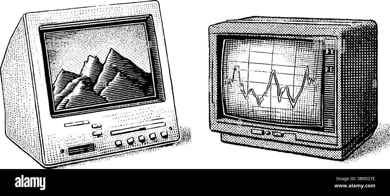 Vintage engraved illustration of stock ticker and trading monitors for ...
