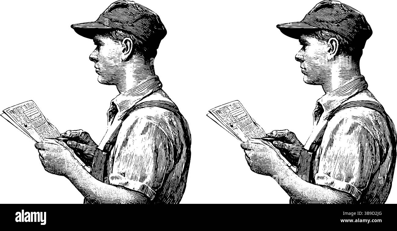 Vintage engraved illustration of census taker in profile holding ...