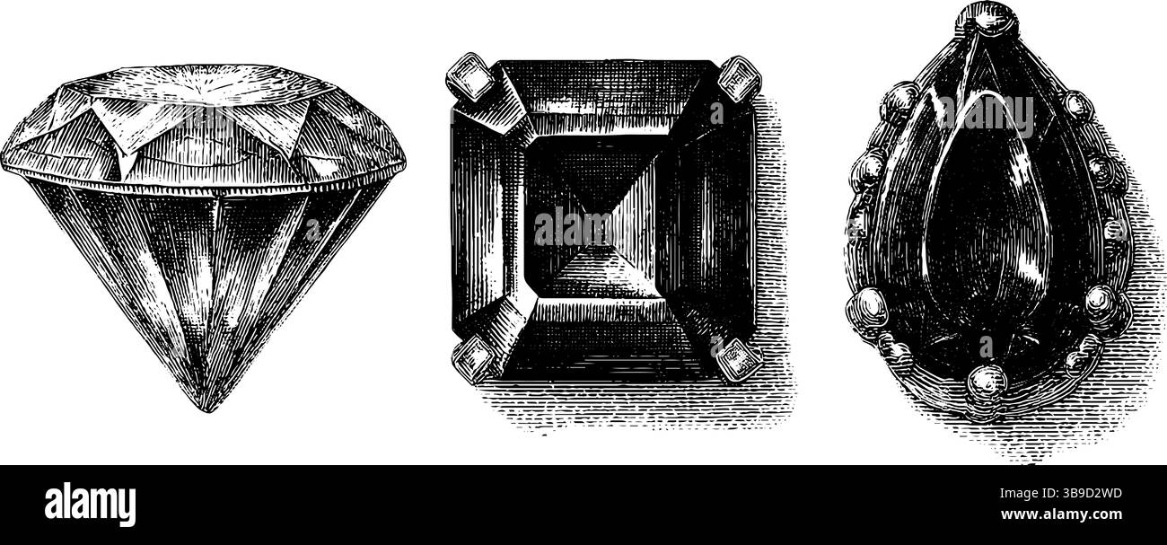 Vintage engraving of assorted diamond gemstones for jewelry design ...
