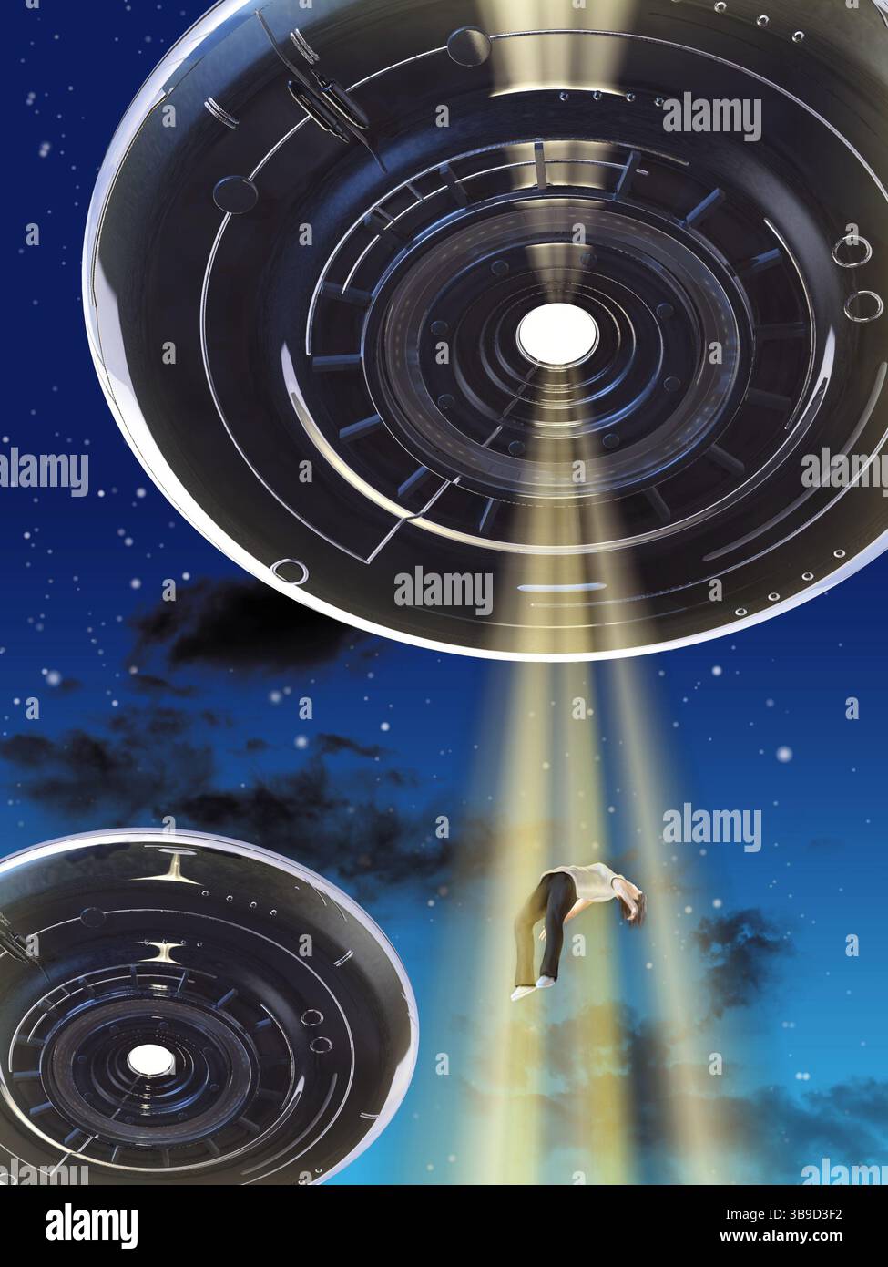 Alien spaceship kidnapping an human female. Digital illustration Stock ...