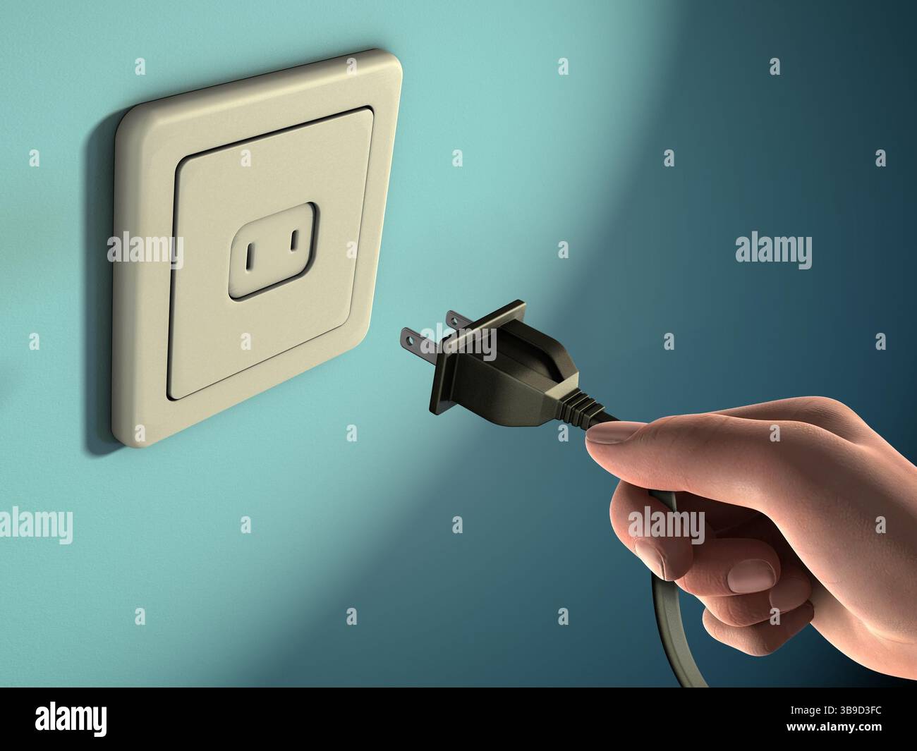 Male hand holding an electricity plug in front of a wall socket ...