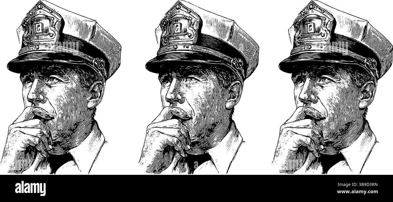 Engraved portrait series of firefighter captain in thoughtful pose for ...