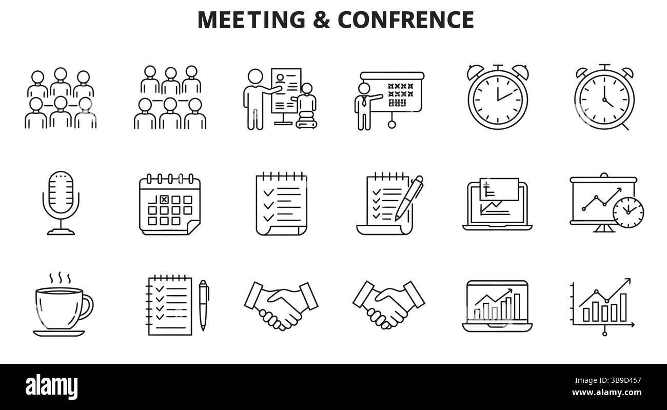 Meeting & Conference Icon Set – Line Symbols of Clocks, Laptops ...