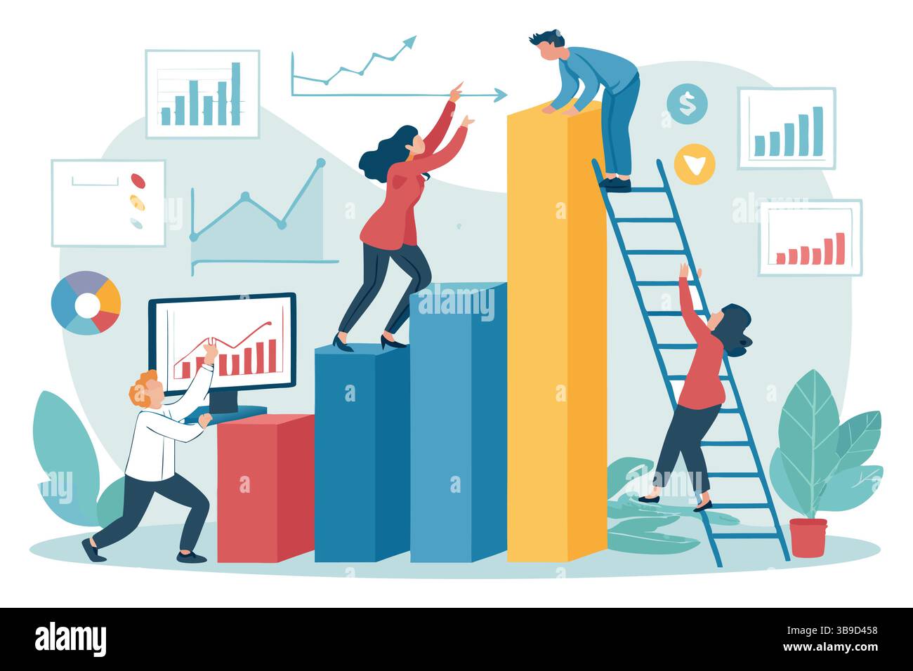 Team collaboration reaching business growth goals climbing bar chart data analysis success ...