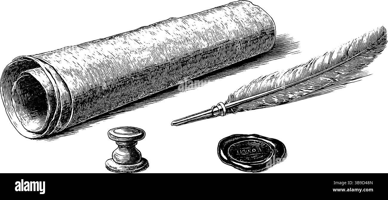 Vintage engraved parchment scroll set with quill and seal for ...