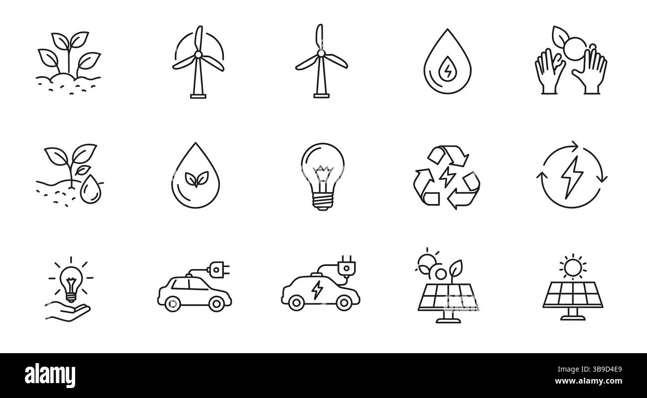 Eco-Friendly Line Icons – Sustainable Energy Symbols Featuring Plants ...
