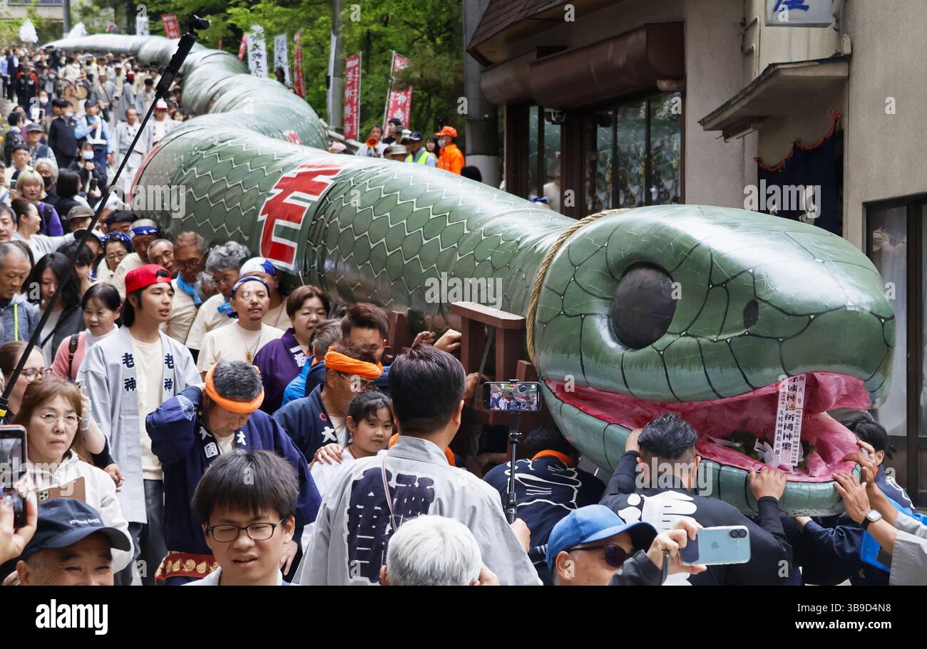 About 300 high school students carry a snake-shaped float during a ...