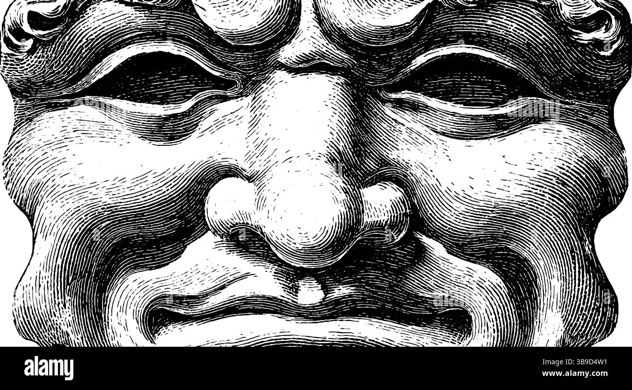 Engraved theatre mask illustration with bold black lines for artistic ...
