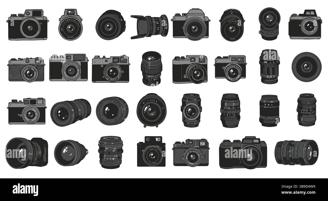 Line Art Camera and Lens Icons – Minimalist Photography Symbols for Cameras, Lenses, Photography ...
