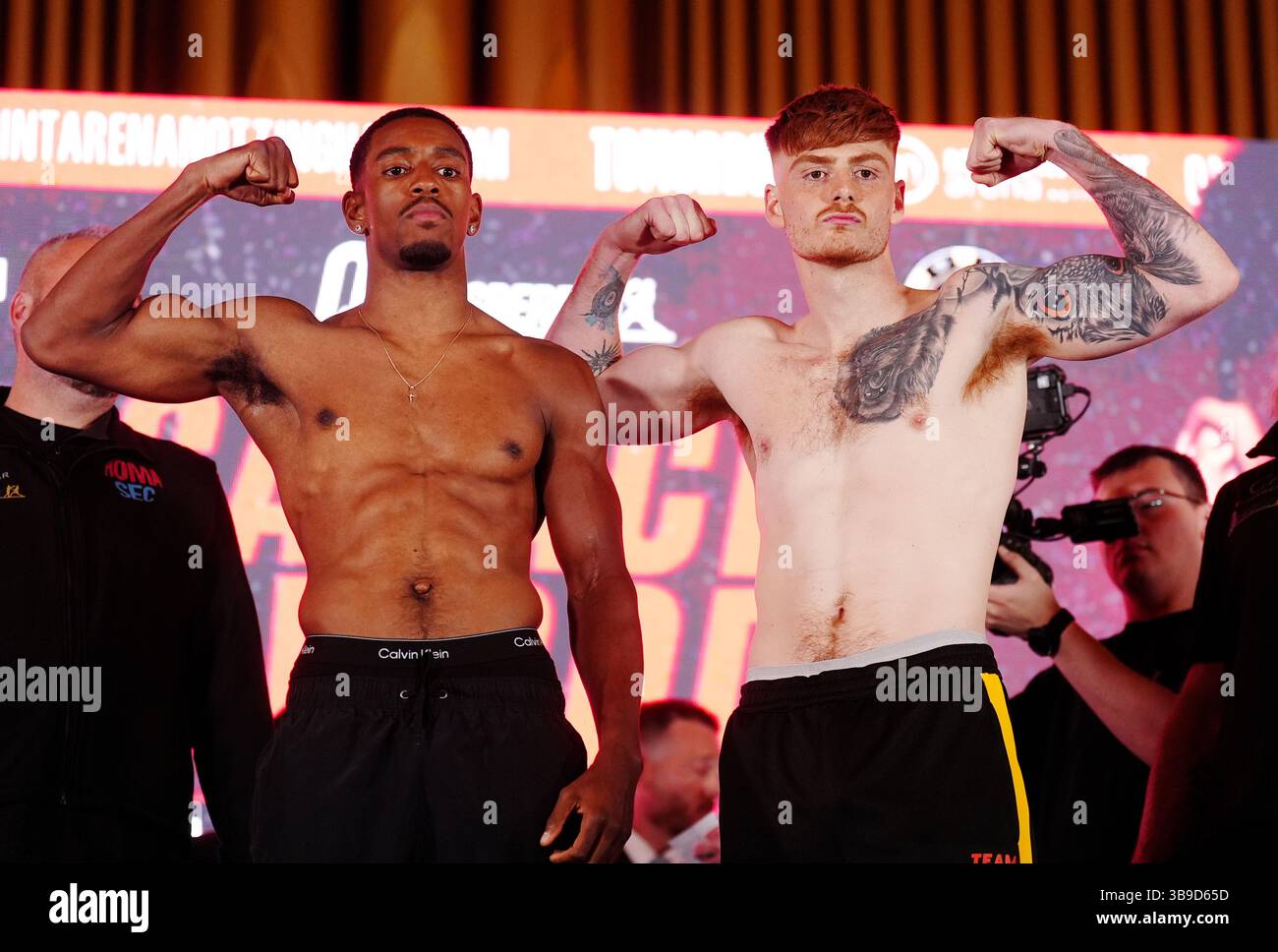 Ezra Taylor and Troy Jones (right) during the weigh in at the Albert ...