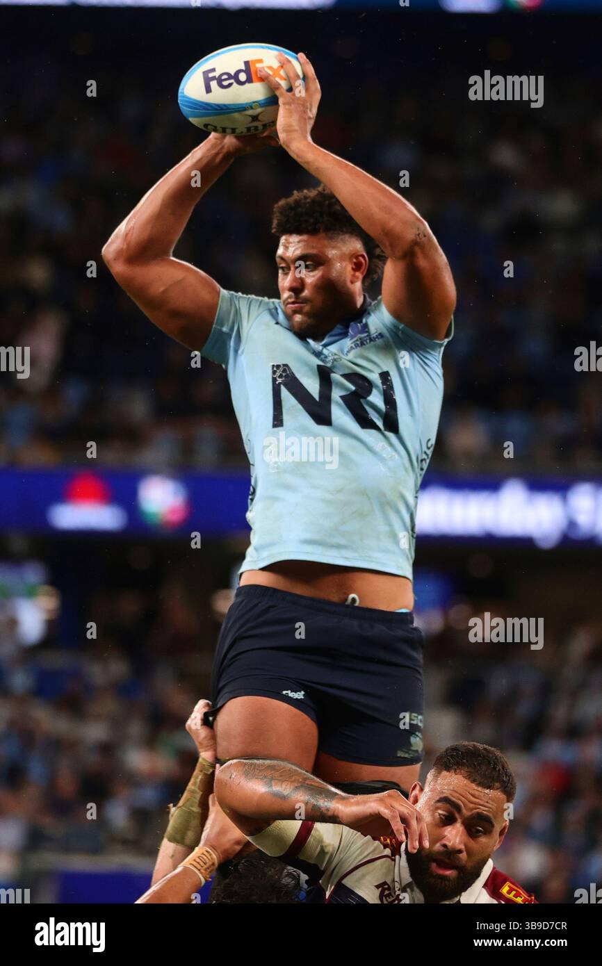 SYDNEY, AUSTRALIA - MAY 09: Miles Amatosero of the Waratahs catches a ...