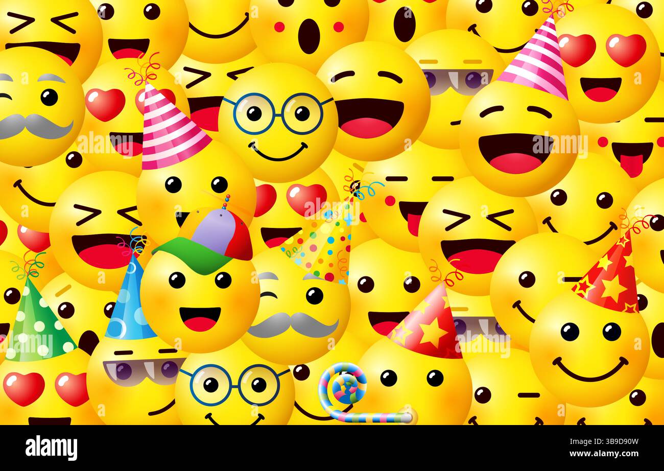 Creative cute yellow background with 3D positive emoticons. Set of ...