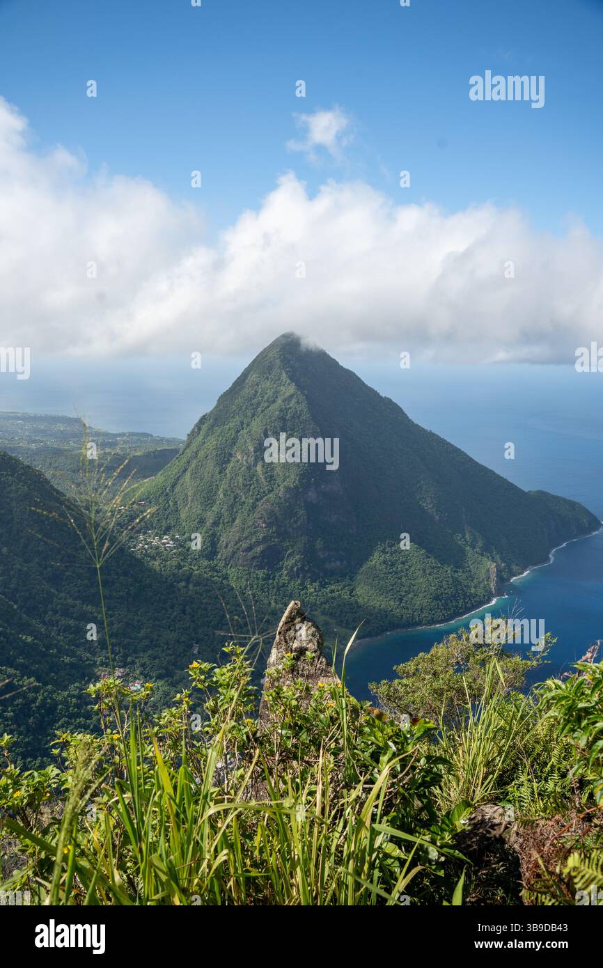 Views from the top of Petit Piton of Gros Piton on St. Lucia. Shot on a ...