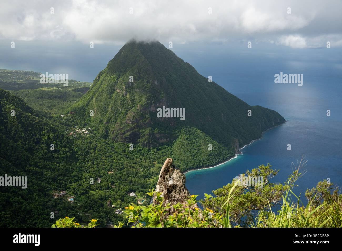 Views from the top of Petit Piton of Gros Piton on St. Lucia. Shot on a ...