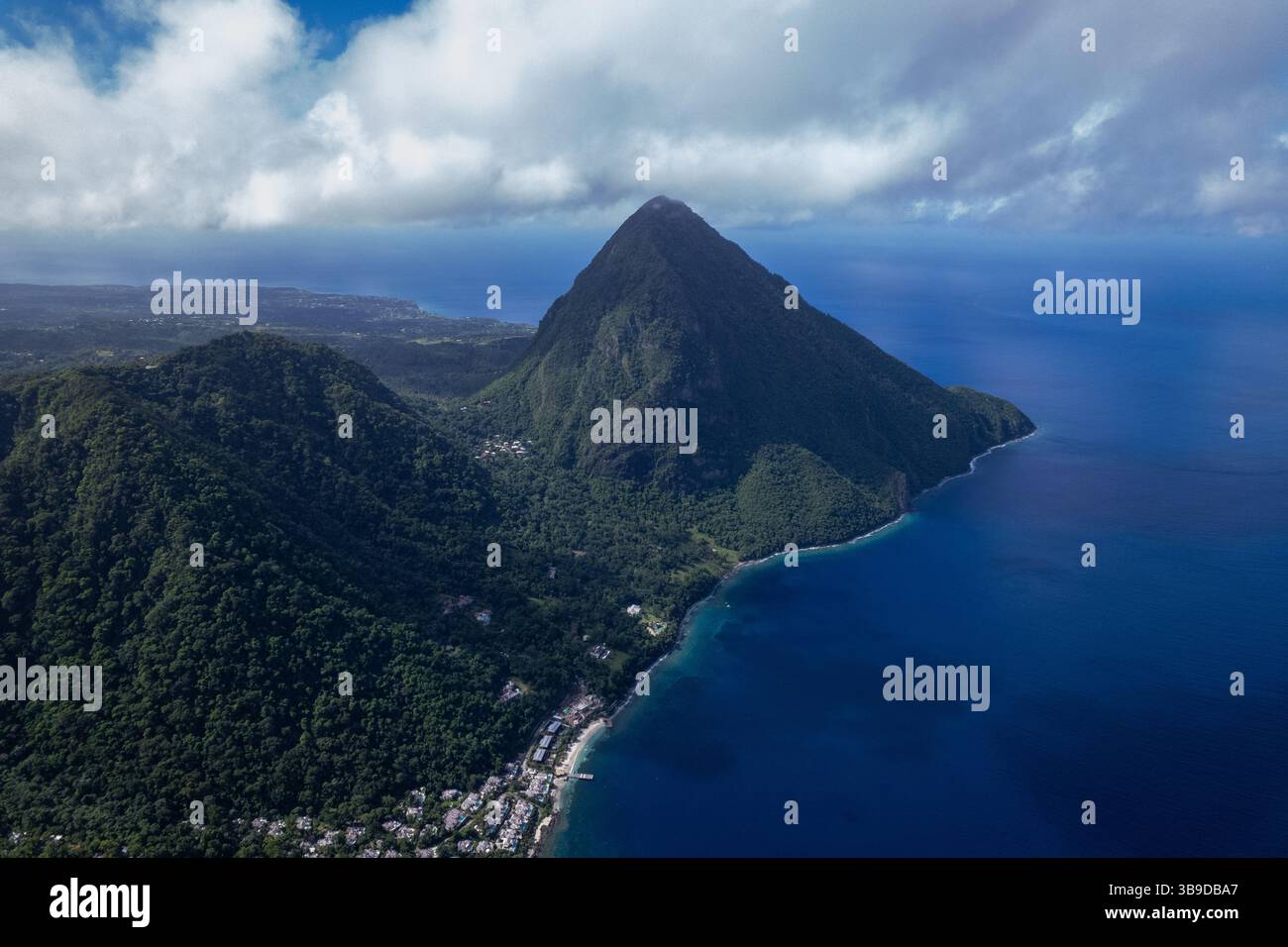 Aerial of Gros Piton and Petit Piton on St. Lucia. Shot on a drone in ...