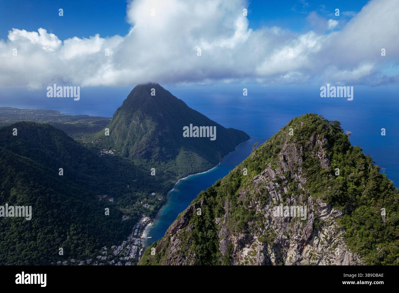 Aerial of Gros Piton and Petit Piton on St. Lucia. Shot on a drone in ...