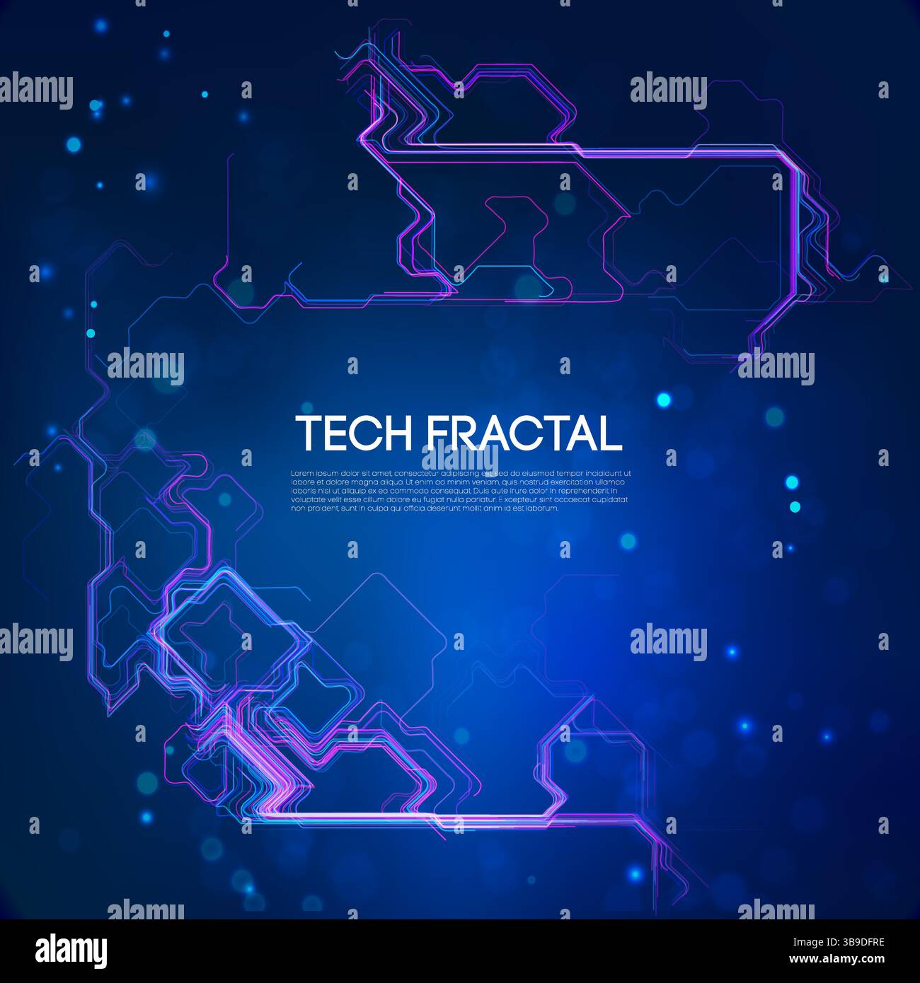 Tech fractal concept with glowing neon circuit patterns on dark blue ...