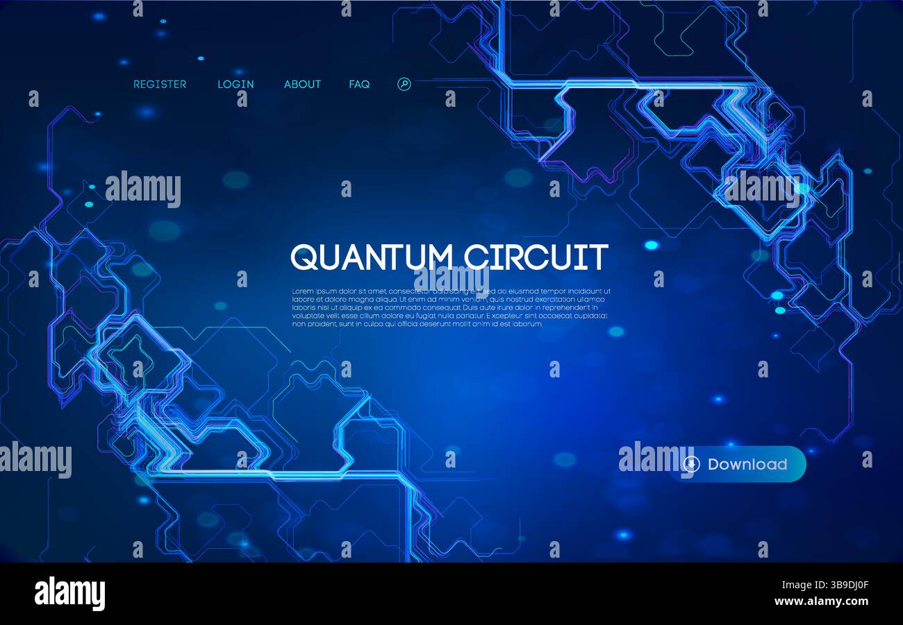 Quantum circuit concept with glowing blue neon lines on dark background ...