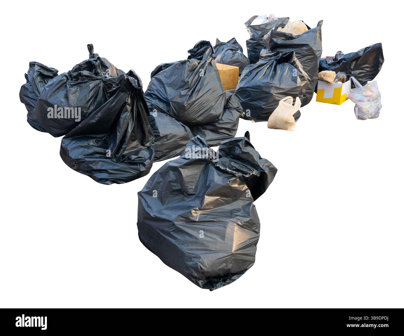 Large group of waste in black plastic bag at garbage dump is isolated ...
