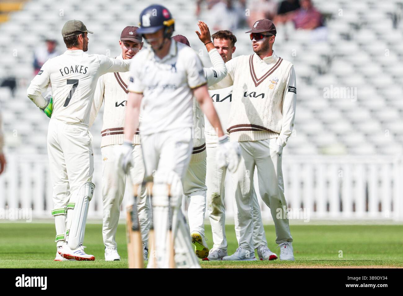 Birmingham, UK. 09th May, 2025. Surrey celebrate taking the wicket of ...