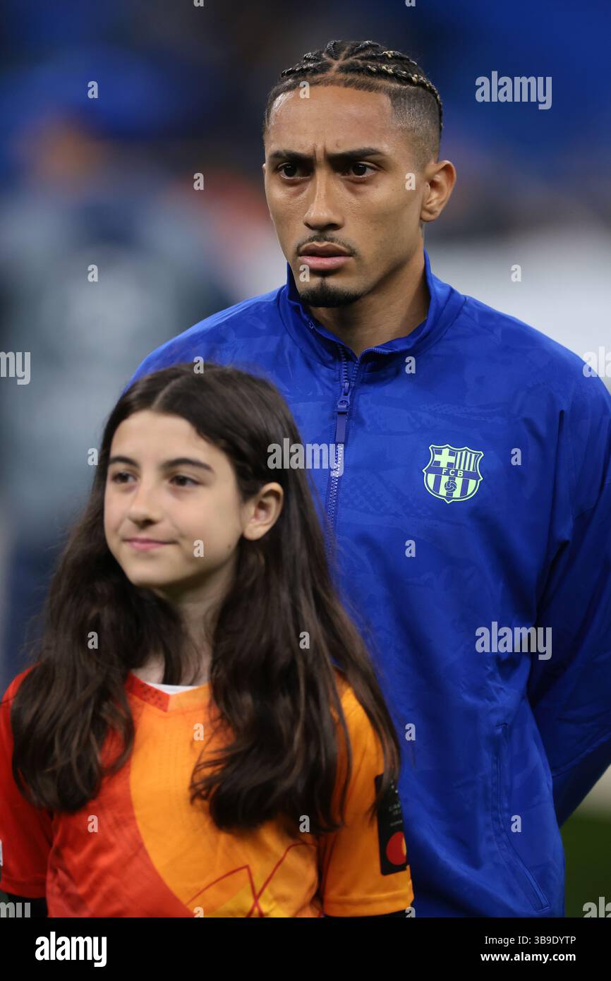 Milan, Italy. 6th May, 2025. Raphinha of FC Barcelona reacts as looks ...