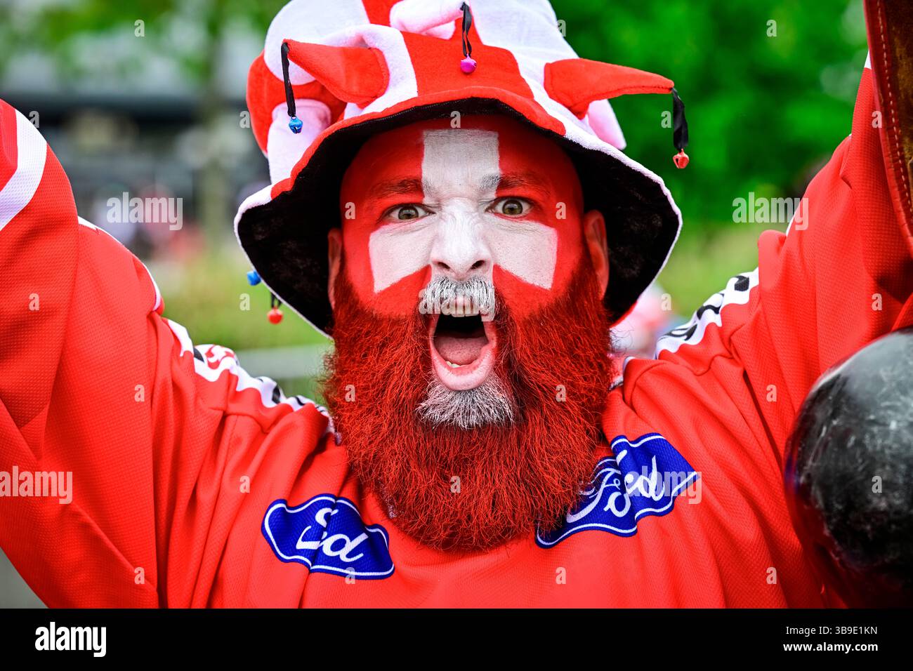 Herning, Denmark. 09th May, 2025. Swiss fan before the Group B match ...